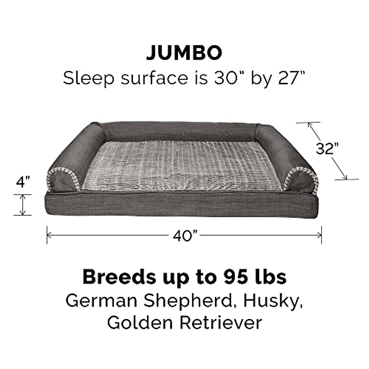 Furhaven XL Orthopedic Dog Bed Luxe Faux Fur & Performance Linen Sofa-Style w/ Removable Washable Cover - Charcoal, Jumbo (X-Large)