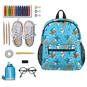 cfpolar Shark Kids Backpack for Boys, Ocean Sea Coral 12 Inches Blue Toddler Backpacks, Preschool Children Backpack Nursery Kindergarten Bookbag with Chest Strap