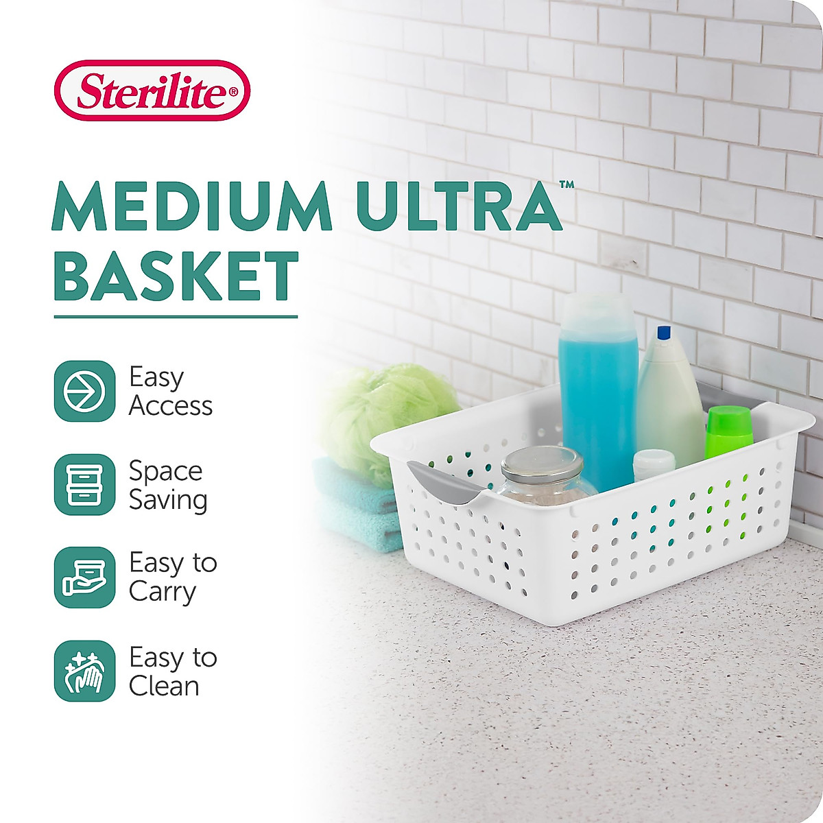 Sterilite 16248006 Medium Ultra Basket, White Basket w/ Titanium Inserts, 6-Pack