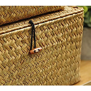 FEILANDUO Shelf Baskets with Lids Set of 3 for Home Decor Seagrass Storage Baskets Wicker Rattan Woven Rectangular Organizer Boxes ((Large) S/M/L, Original)