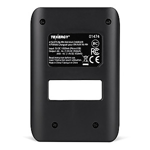 Tenergy TN474U 4-Bay NiMH/NiCD Battery Charger with LCD Display and USB Input, Portable Charger for AA/AAA NiMH and NiCD Batteries