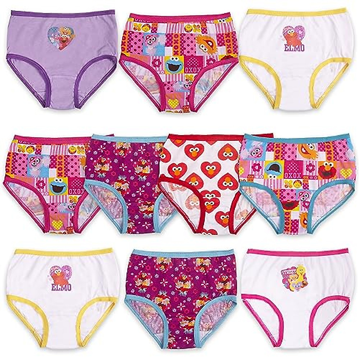 Sesame Street Girls 100% Combed Cotton Panties Multipacks With Favorites Elmo, Cookie Monster & Big Bird In 18m, 2/3t, 4t Briefs, 10-pack, 2-3T US