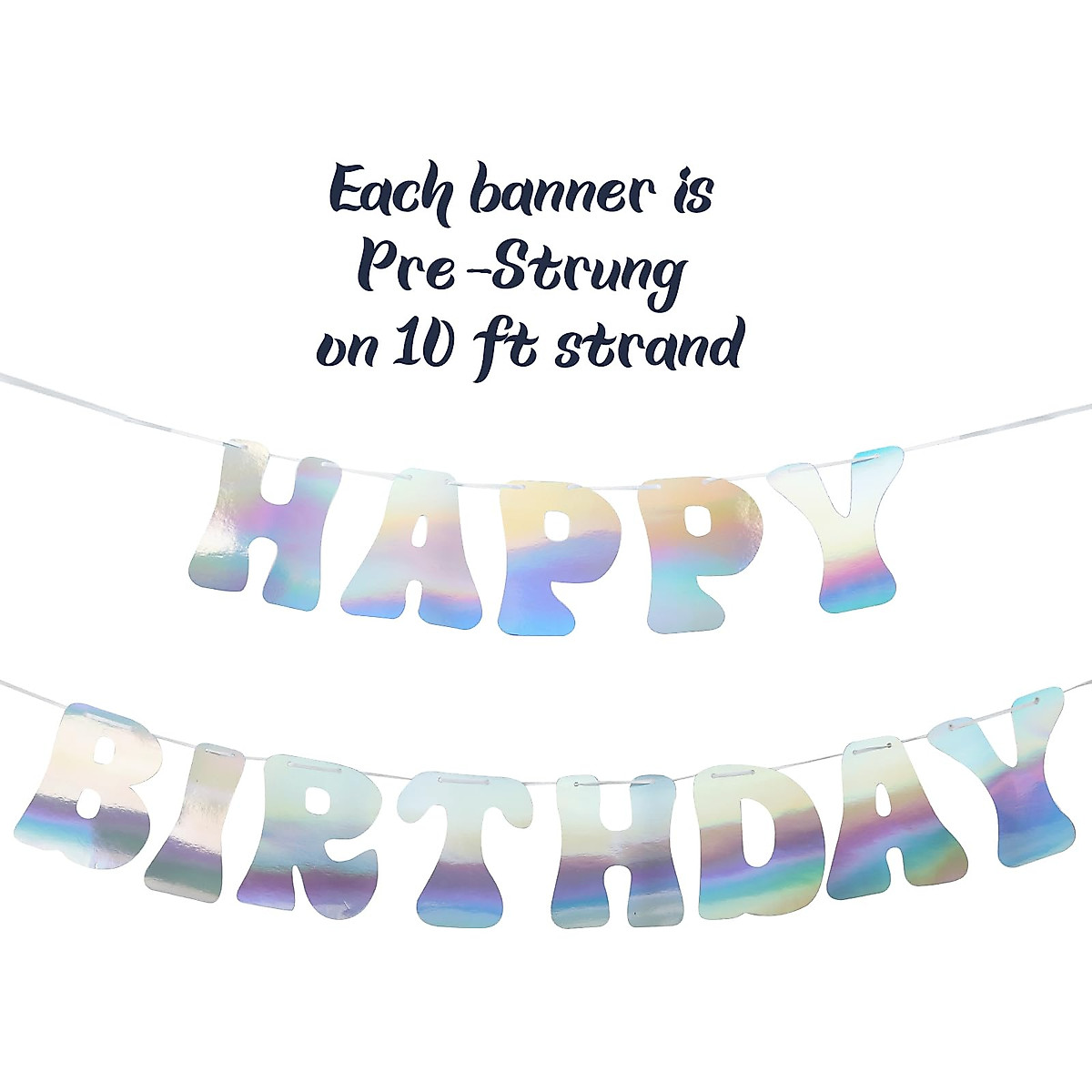 RUBFAC Pre-Strung Iridescent Happy Birthday Banner- NO DIY - Shiny Happy Birthday Banner Sign, Changeable Garland Bunting Banner for Birthday Party Decorations
