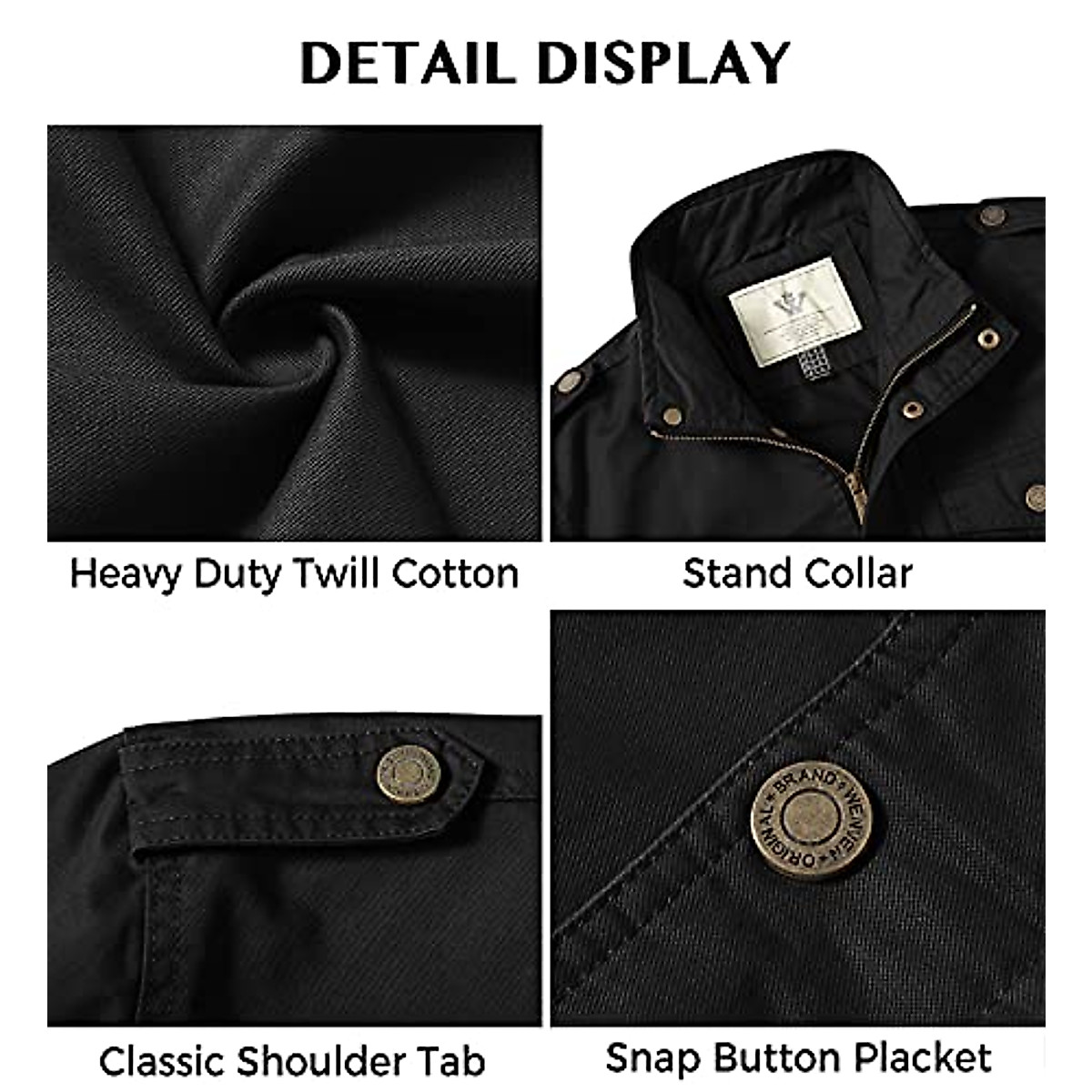 WenVen Men's Military Canvas Work Jackets and Coats (Black, Medium)