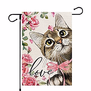 CROWNED BEAUTY Valentines Day Cat Garden Flag 12x18 Inch Double Sided for Outside, Pink Roses Love Yard CF687-12