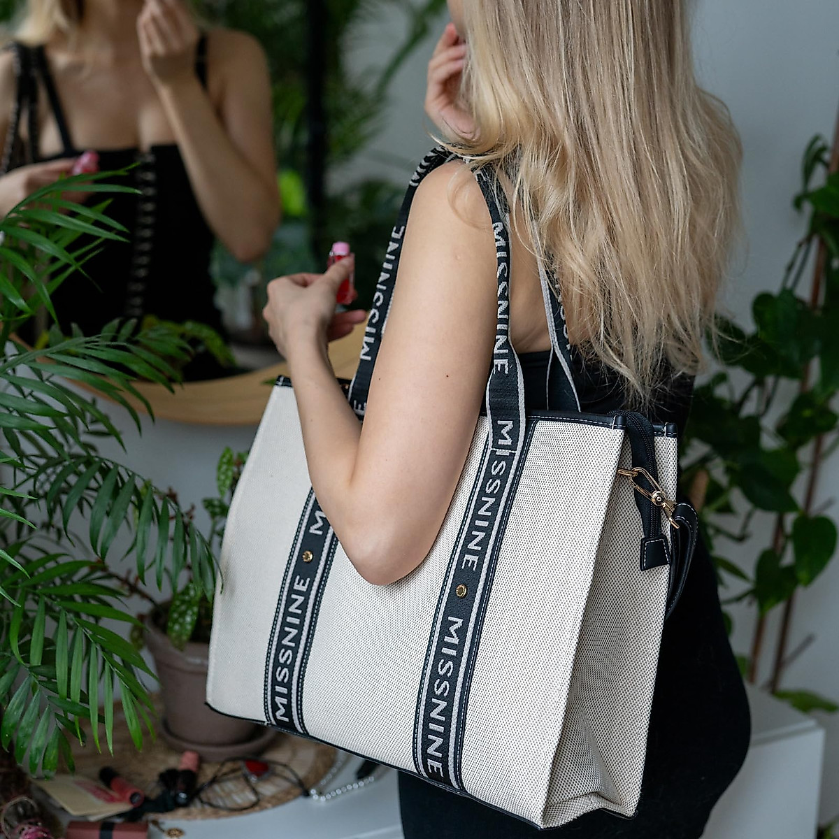 Missnine Tote Bag Canvas Laptop Bag 15.6 inch Briefcase for Women Large Capacity Handbag for Office, College, Travel (Beige+black)