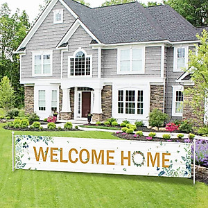 WHPCT Welcome Home Large Banner, Housewarming Party Sign, Flower Cluster Welcome Banner Yard Sign, Spring Summer Floral Welcome Home Banner for House Outside Decor 9.8X1.6Ft WB-ALPmk-ow