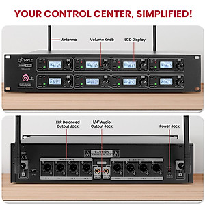 Pyle Professional 8 Channel UHF Wireless Microphone System 8 Handheld Mics Rack Mount Receiver Base RF & AF Radio/Audio Frequency Digital Display Independent Channel Volume Control (PDWM8250),Black