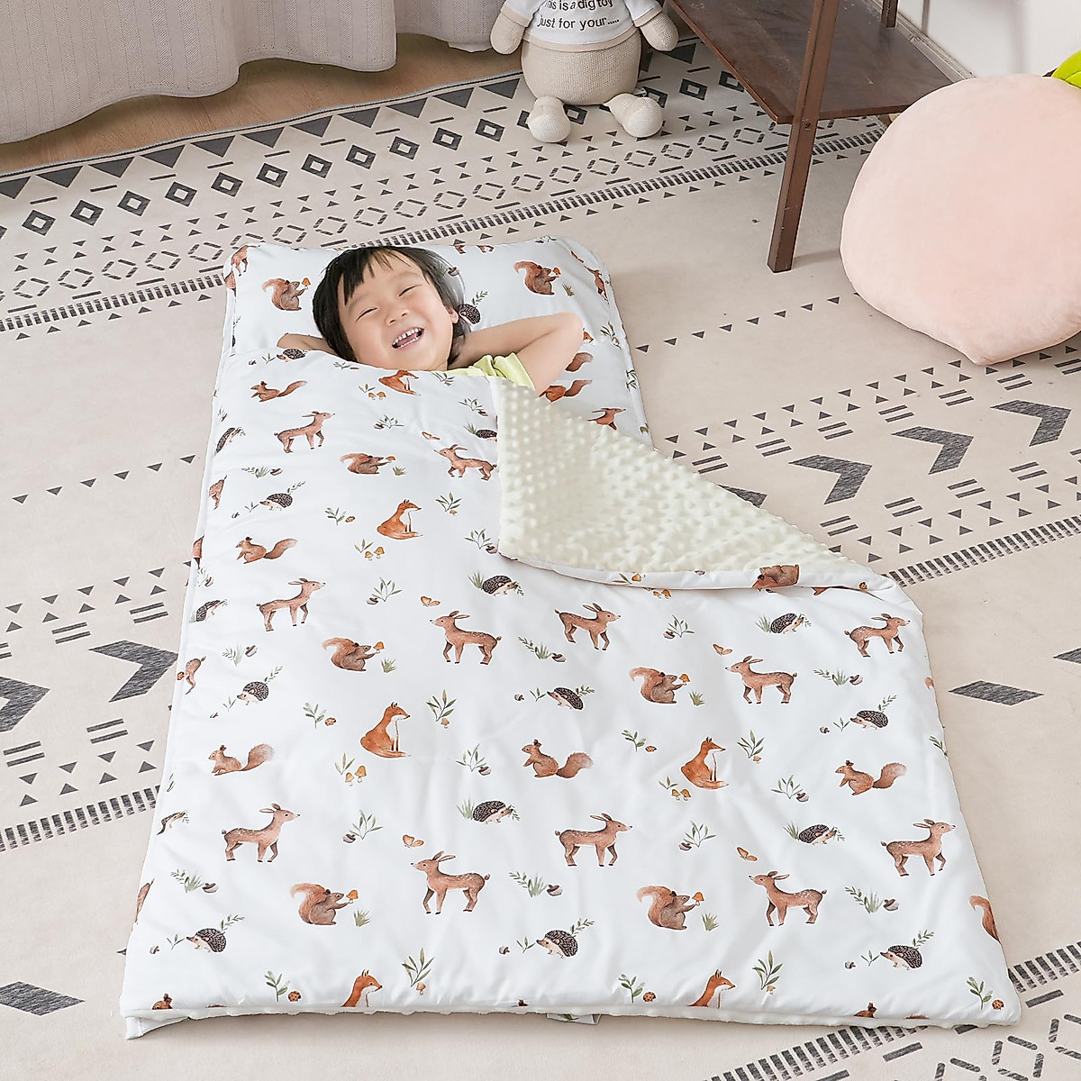 david's kids Toddler Nap Mat with Plush Dots Lining, Ultra Soft Slumber Bags for Boys Girls, Perfect for Preschool, Daycare, Kids Sleeping Bags with Rollup Design, 50"x20", Woodland Animals