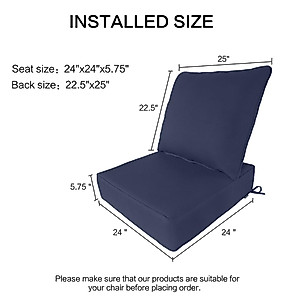 SUPMAISON Pack of 2 Outdoor Deep Seat Cushion Set, 24 x 24, Fade Resistant, Deep Seat Bottom and Back Cushion for Chair, Sofa, and Couch, zipper, foam (Navy Dobby)