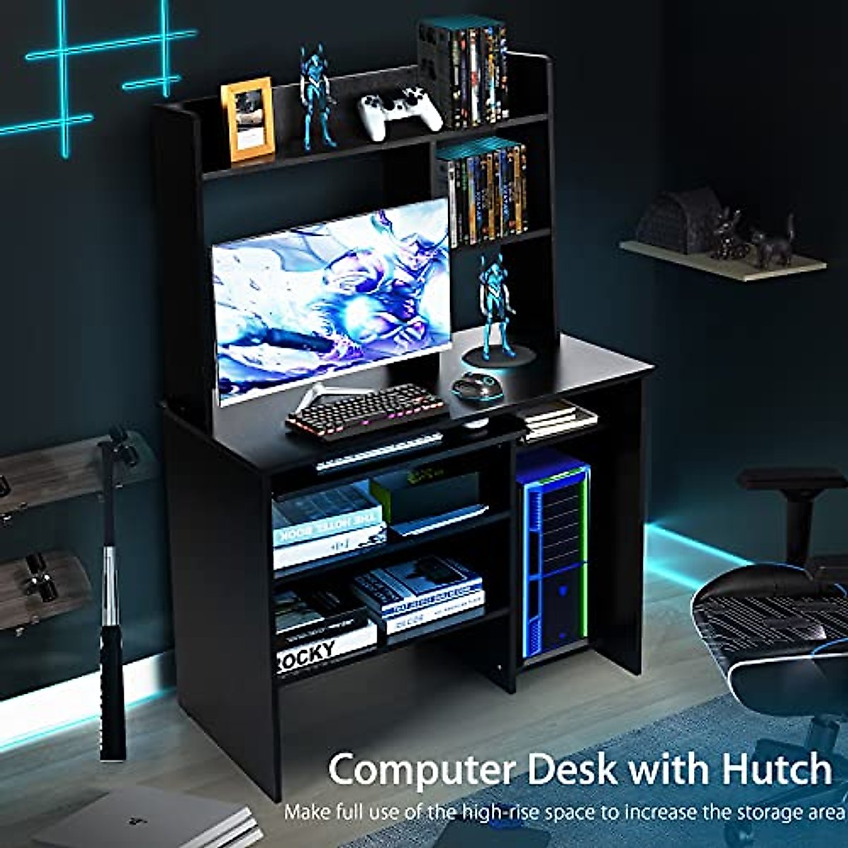 Tangkula Computer Desk with Hutch, Home Office Desk with Keyboard Tray & CPU Stand, Space Saving Study Writing Desk with Storage Bookshelves, Desk Workstation with Hutch for Bedroom, Black