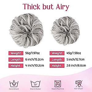 HOOJIH Messy Bun Hair Piece, 2PCS Tousled Updo Hair Extensions Hair Bun HCB001 Daisy Curly Wavy Ponytail Hairpieces Hair Scrunchies with Elastic Rubber Band for Women Girls - Silver Gray