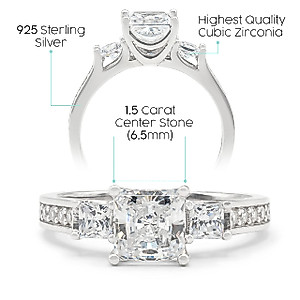 Size 7 - Solid 925 Sterling Silver CZ Cubic Zirconia 3 Three Stone Engagement Ring - Princess Cut Solitaire with Round Side Stones (1.75cttw., 1.5ct. Center) - With Elegant Velvet Ring Box