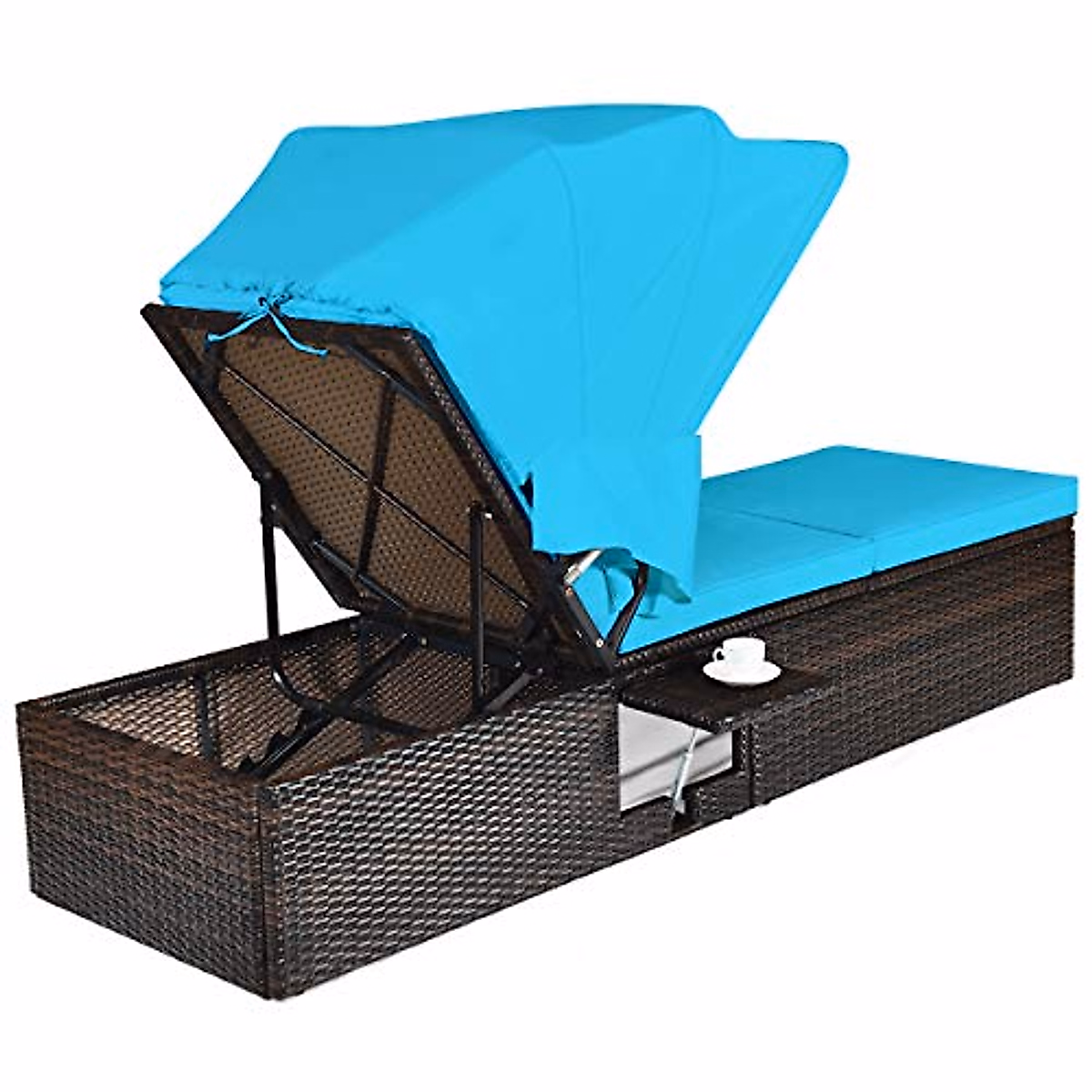 Tangkula 2PCS Outdoor Chaise Lounge Chair with Folding Canopy, Adjustable Cushioned Reclining Chair with Flip-up Tea Table, Rattan Sun Lounger for Beach Poolside Backyard Balcony Porch (2, Turquoise)
