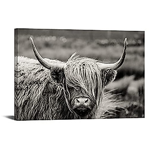 iKNOW FOTO Black and White Canvas Wall Art Highland Cow Cattle Picture Prints Texas Longhorn Painting Farm Animal Artwork for Home Decor Modern Living Room Bedroom Decorations Ready to Hang 32x48inch