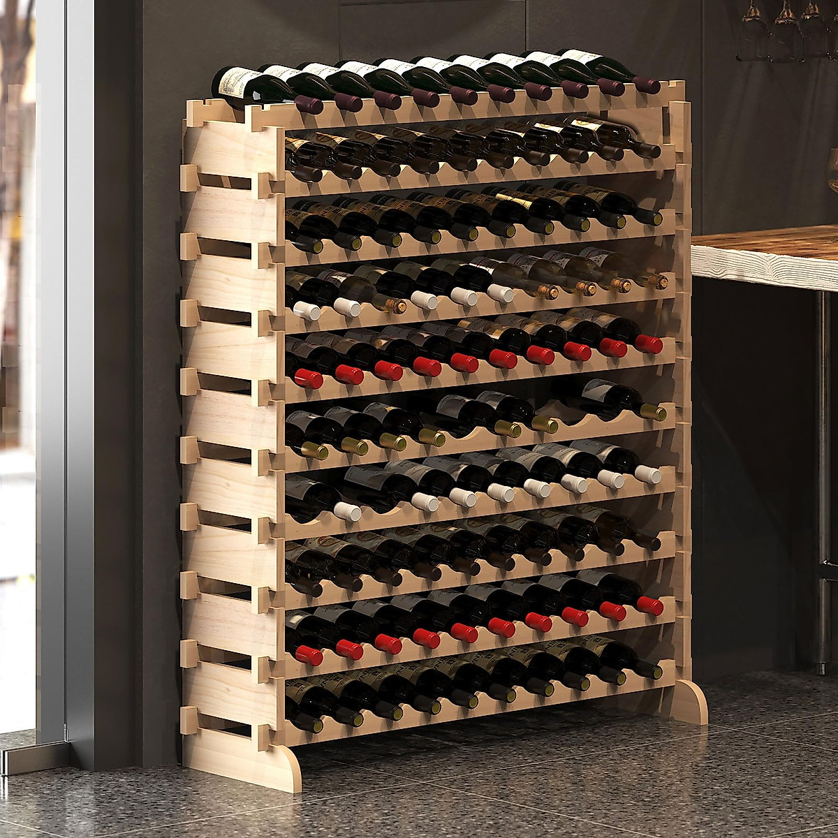 sogesfurniture Floor Wine Racks, Stackable Modular Wine Rack Large Wine Storage Rack Free Standing Solid Natural Wood Wine Holder Display Shelves, (Natural, 10 X 10 Rows (100 Slots)), BHUS-BY-WS100