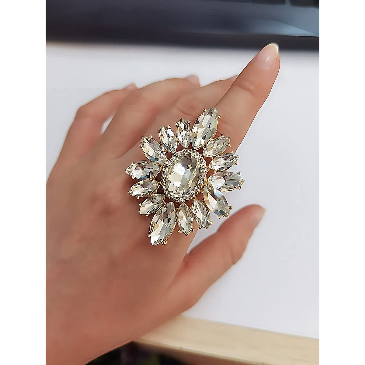 Dtja Exaggerated CZ Statement Wedding Ring for Women Gold Plated Vintage Rhinestone Crystal Cluster Adjustable Open Band Wrap Birthday Christmas Cocktail Party Ring Comfort Fit Jewelry