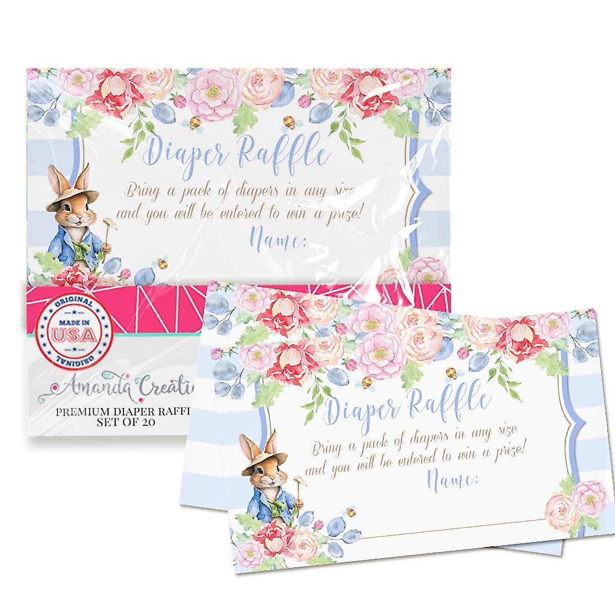 Little Rabbit Floral Themed Diaper Raffle Tickets for Boy Baby Showers, 20 2" X 3” Double Sided Insert Cards for Games by AmandaCreation, Bring a Pack of Diapers to Win Favors & Prizes!