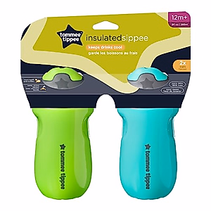 Tommee Tippee Insulated Sippee Cup, Water Bottle for Toddlers, Spill-Proof, BPA Free, 9oz, 12m+, Pack of 2, Green and Teal