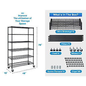 6000Lbs Capacity Storage Shelves, 6 Tier NSF Certified Heavy Duty Wire Shelving with Wheels, 48"Lx18"Wx78"H Adjustable Metal Shelving for Restaurant Pantry Kitchen, Storage Rack Utility Shelf