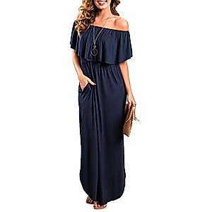 Womens Off The Shoulder Ruffle Party Dresses Side Split Beach Maxi Dress Navy L