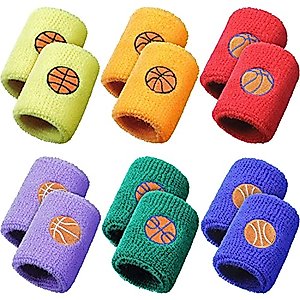 24 Pieces Sports Wristbands for Kids, Colorful Wrist Sweatbands Cotton Terry Cloth Wristbands with 6 Basketball Design for School Students Teacher Sports Party Birthday Party Favors, 6 Colors