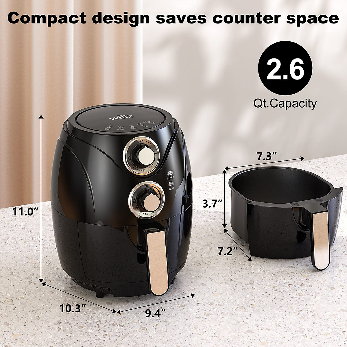 Willz Small Compact Electric Air Fryer Oil Free Quick Cook with Time & Temperature Control & Auto Shut Off Feature, Non-Stick Air Fry Basket, 2.6 Quart, 1200W, Black