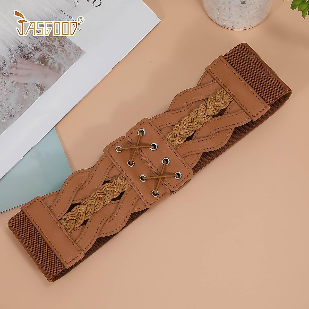 JASGOOD Women Elastic Wide Dress Belt 50S Stretchy Vintage Waist Cinch Belt, A-Brown