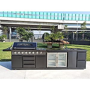 Modular 3 Piece Island Electric and Propane or Natural Gas BBQ Outdoor Black Stainless Steel Grill Kitchen with Double Wine Refrigerator, Sink, Rotisserie, Black Marble Top and FREE Protective Canvas Cover