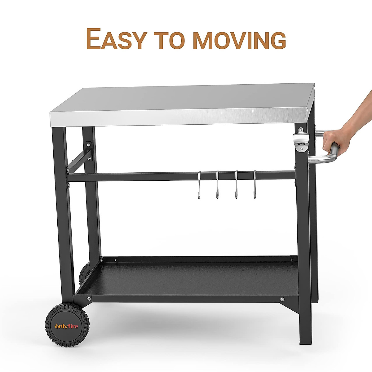 onlyfire Stainless Steel Movable Dining Cart Table, Pizza Oven Table, Multifunctional Utility Cart with Wheels for Outdoors, Kitchen or Backyard Patio