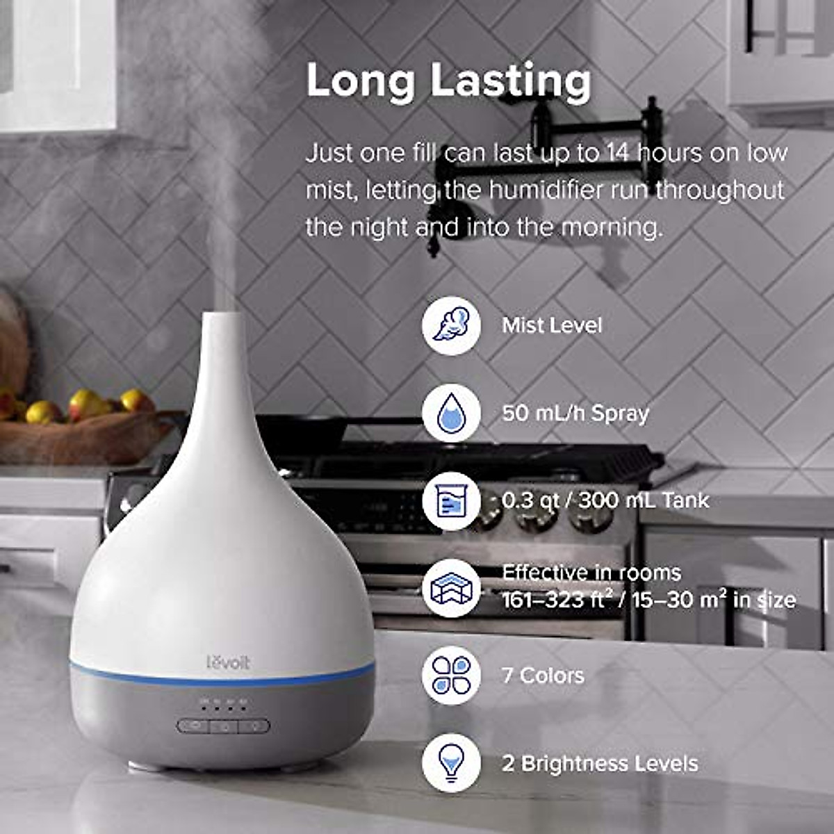 LEVOIT Essential Oil Diffuser, Aromatherapy Diffuse, Cool Mist Humidifier,300ml Aroma Diffuser with 7 Color Lights & Timer, Auto Shut-off, for Home Bedroom