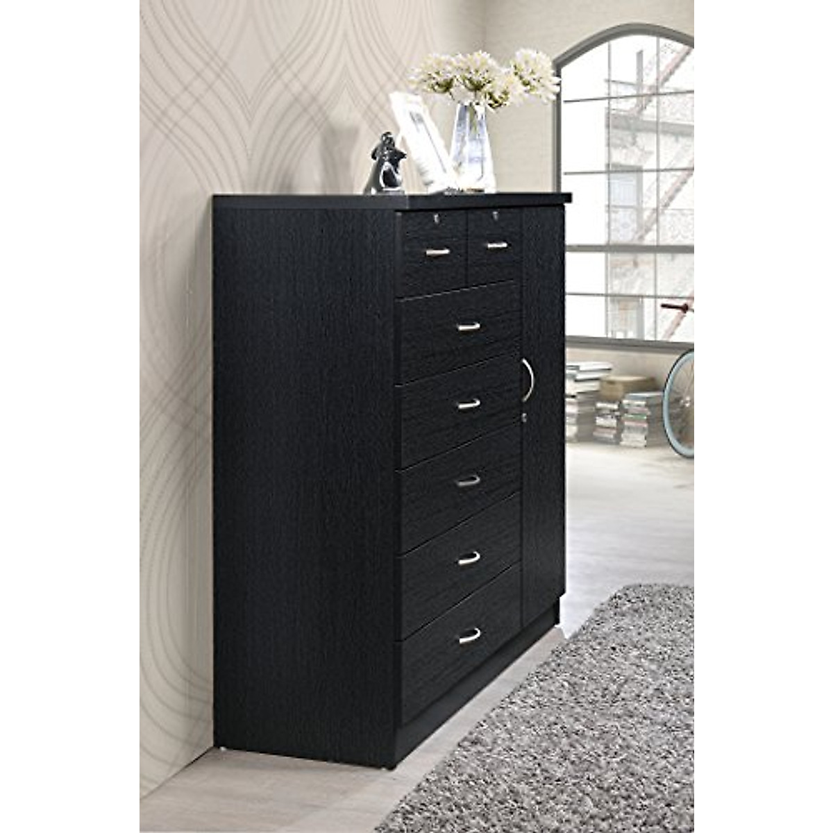 Hodedah 7 Drawer Jumbo Chest, Five Large Drawers, Two Smaller Drawers with Two Lock, Hanging Rod, and Three Shelves | Black