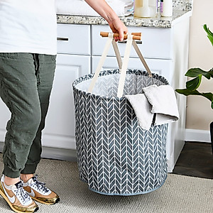 Household Essentials Round Krush Hamper with Wood Dowel Handles, Gray Chevron