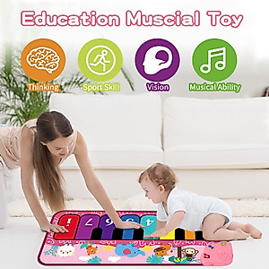 M SANMERSEN Piano Mat for Kids, Keyboard Music Dancing Play Mat with 5 Animal Sounds Electronic Touch Musical Playmat Game Toy Early Education Learning Toys Gift for Toddler Girls and Boys - Pink