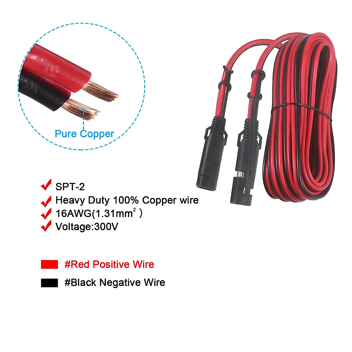 SAE to SAE Extension Cable 16AWG - 25FT SAE Cable Battery Charger Extension Cord Heavy Duty 16AWG Quick Disconnect SAE 2Pin Connector with SAE Polarity Reverse Adapter for Solar Panel Trickle Charger