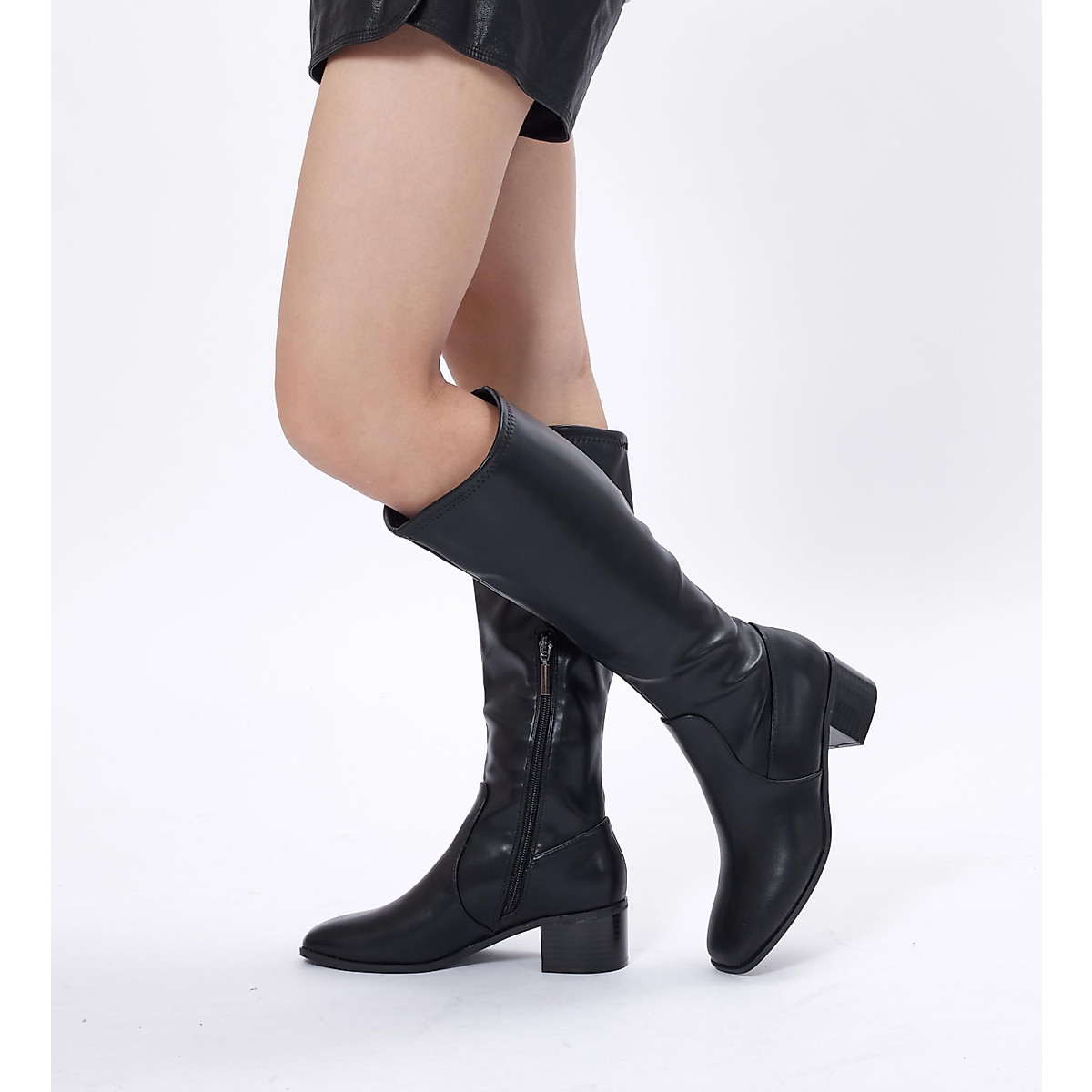 Elisabet Tang Knee High Boots for Women 2 inch Chunky Low Heel Boots Square Toe Side Zipper Fall Winter Comfort Boots Black Size 10