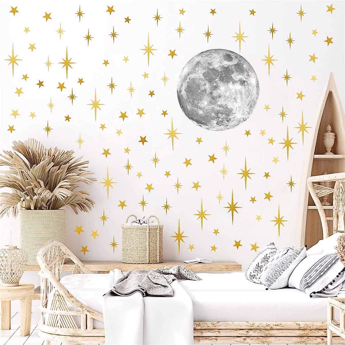 Moon and Stars Wall Decal Moon Wall Sticker Gold Star Decals Peel and Stick Wall Stickers Mural for Kids Baby Room Nursery Wall Decor Vinyl Star for Ceiling Wall Decals for Bedroom Playroom Decoration