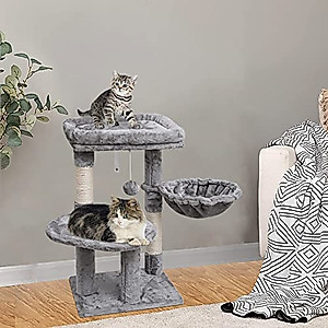 SYANDLVY Small Cat Tree for Indoor Cats, Modern Cat Tower with Scratching Post for Kittens, Climbing Stand with Basket & Hanging Ball for Play Rest