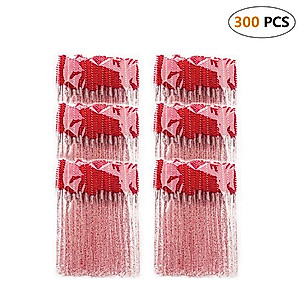 300 Pack Disposable Mascara Wands for Eyelash Extensions Eye Lash Applicators Makeup Brushes Tool kits, Crystal Red Handle- Red