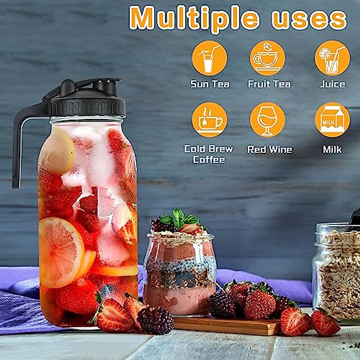 YSBYWSYR Glass Mason Jar Pitcher with Pour Spout Handle Lid, 2 Quart (64 oz / 1.9 Liter) Glass Jug for Sun & Iced Tea, Cold Brew Coffee, Breast Milk, Lemonade, Fruit Drinks