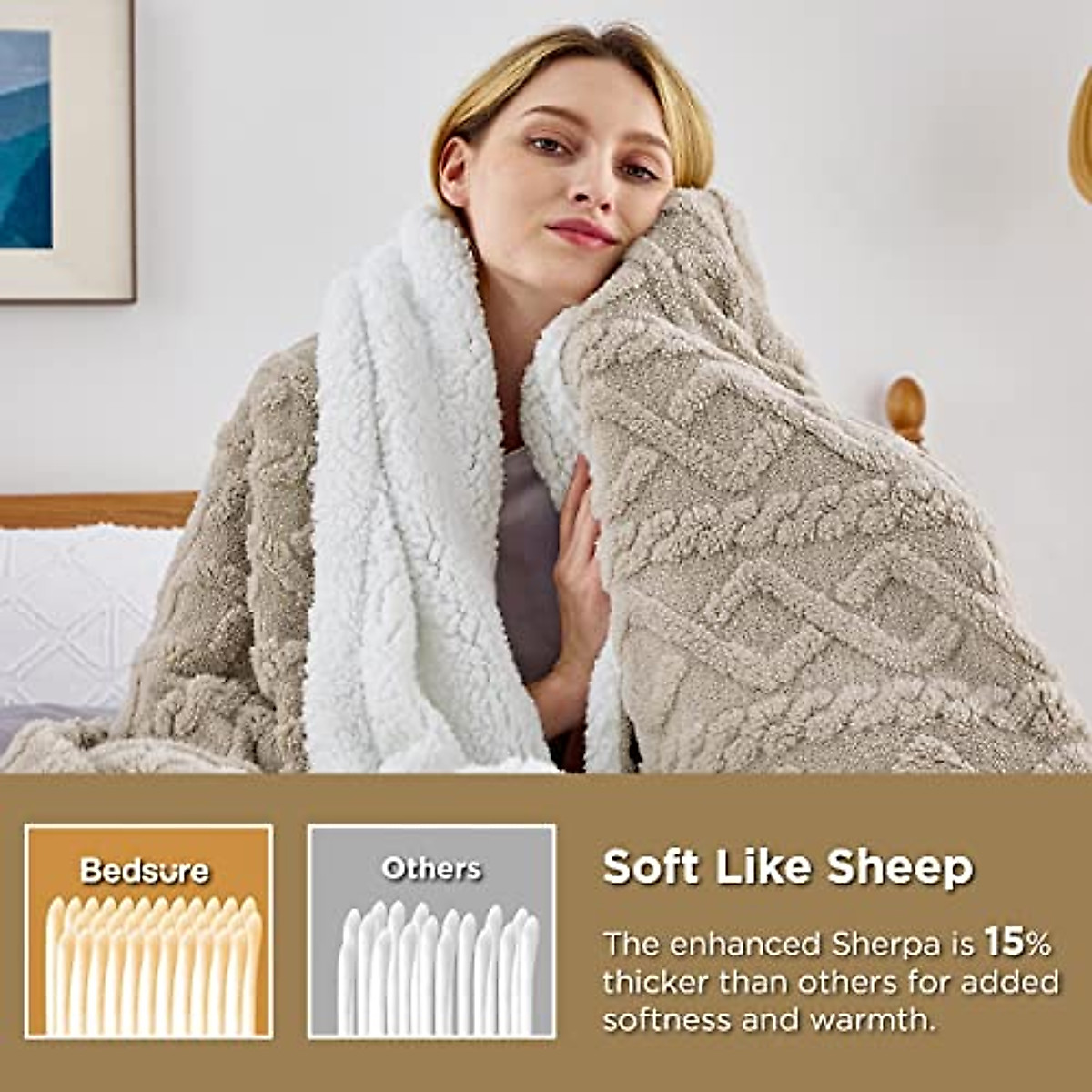 Bedsure Sherpa Fleece Blanket Twin Size for Bed - Fuzzy Soft Cozy Cable Throw for Couch, Thick Warm Blankets for Winter, Beige, 60x80 Inches