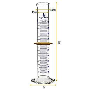 EISCO Graduated Cylinder, 1000mL - ASTM, Class A Tolerance ±3.00mL - Protective Collar, Hexagonal Base - Blue Graduations - Borosilicate 3.3 Glass