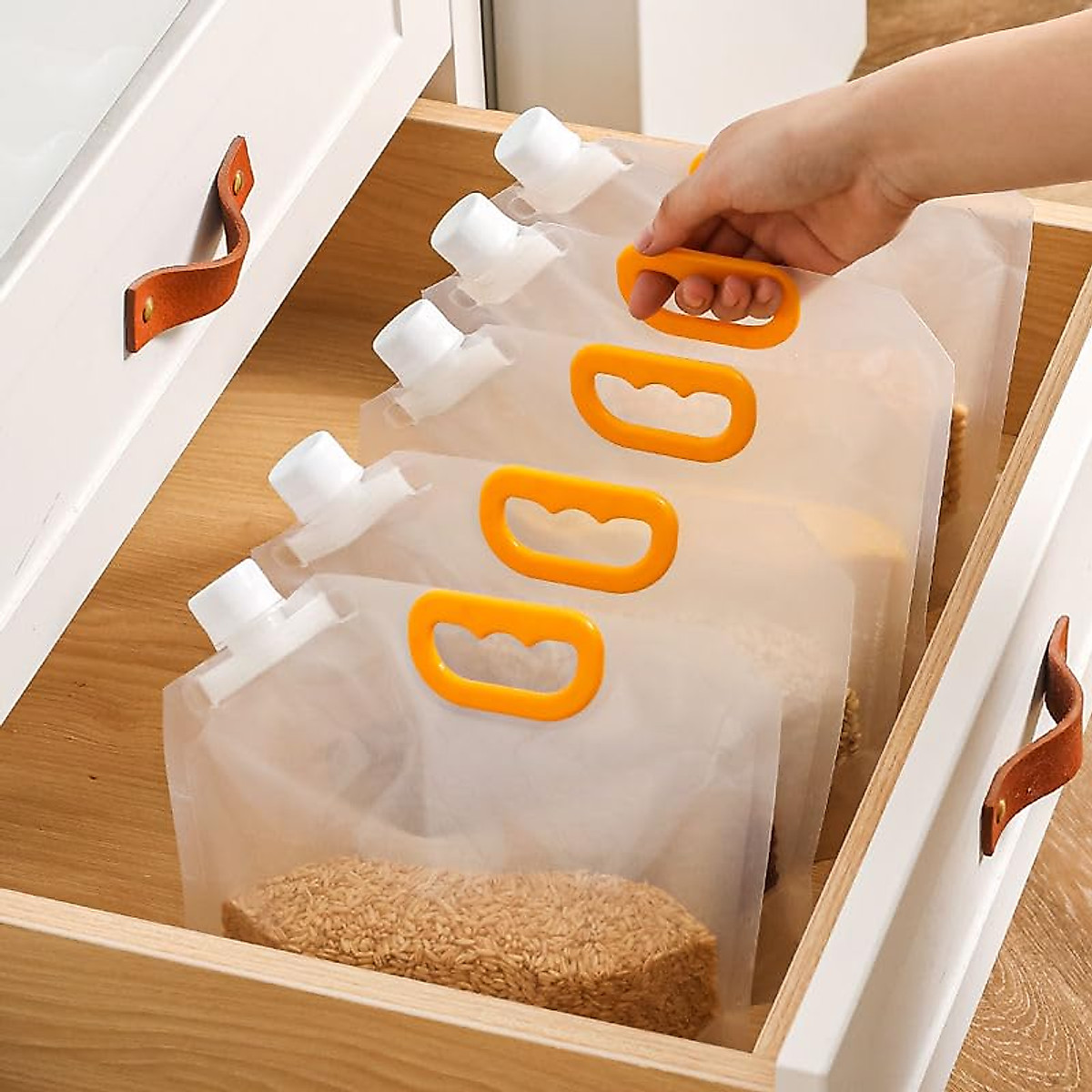 5pcsFood Storage Bags, Grain Moisture-proof Sealed Bag,Stand Up Food Bags Large Reusable Sealed Bag with Handle and Cap BPA Free