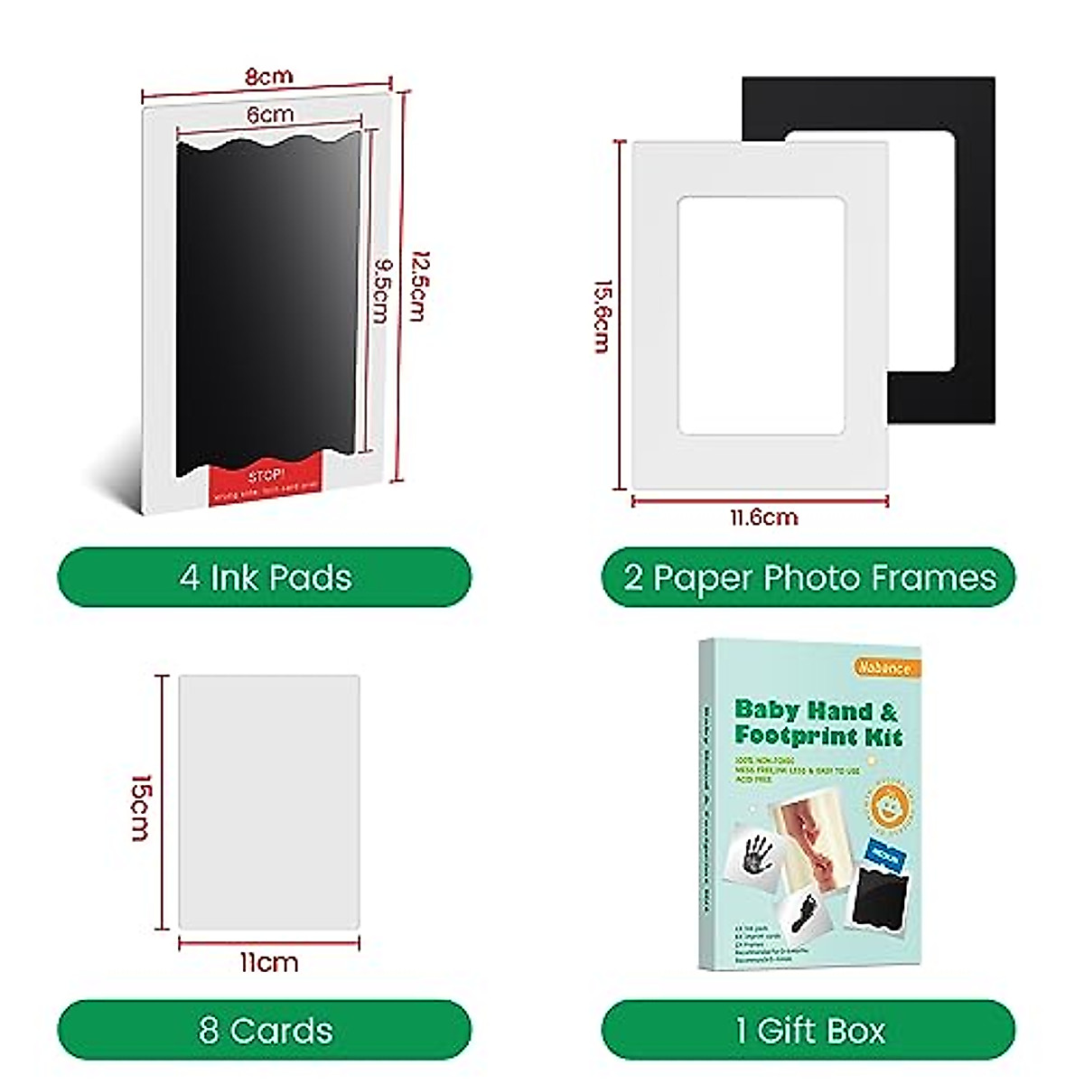 Nabance Baby Hand and Footprint Kit, Newborn Inkless Hand and Footprint kit, 4 Inkless Print Pads with 2 Photo Frames, 8 Imprint Cards, Safe No Mess Clean Touch Ink Pads for Babies 0-6 Months