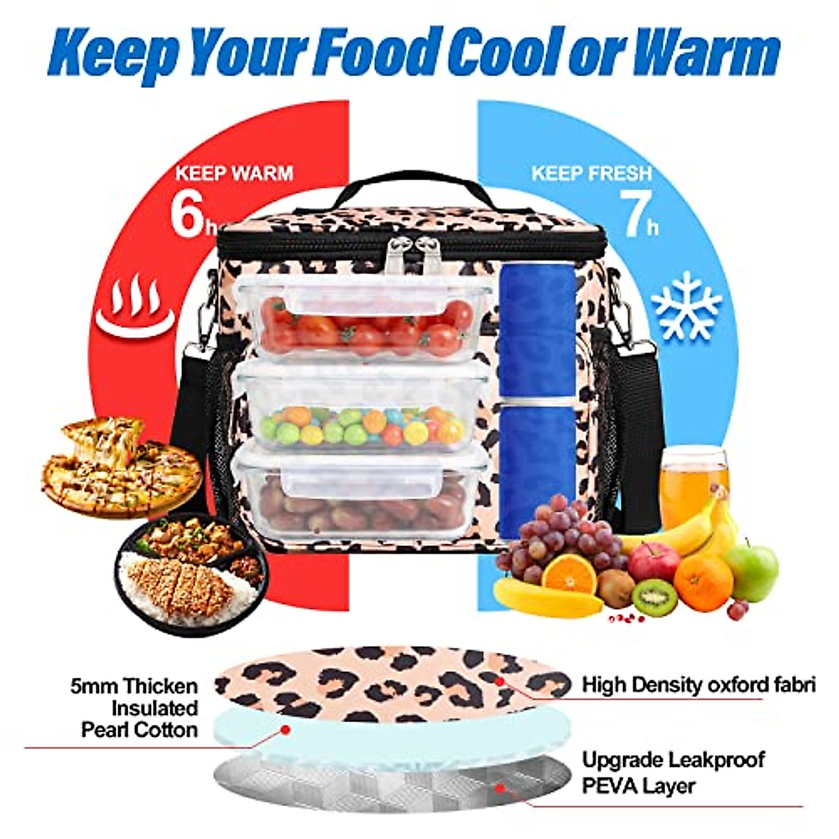 Insulated Lunch bag for Women/Men, Reusable Lunch box Cooler Bag for Adult,Collapsible Lunchbox Bag Leakproof Small Lunch Bag with Shoulder Strap for Work Office Picnic Beach Leopard S