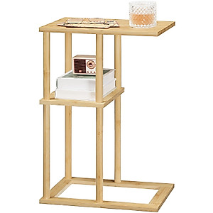 HOOBRO Side Table, Boho C Shaped End Table with Storage Shelf, Slim Nightstand Bedside Table, Couch Side Table for Small Space, Living Room, Bedroom, Home Office, Easy Assembly, Natural YL12SF01