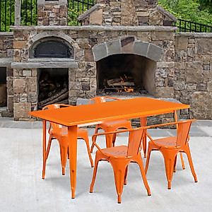 EMMA + OLIVER Commercial Grade Rectangular Orange Metal Indoor-Outdoor Table Set-4 Arm Chairs