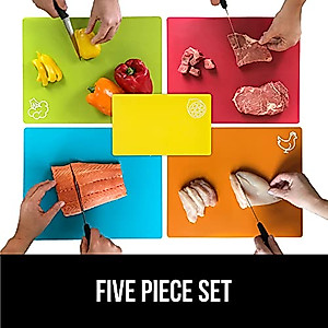 Gorilla Grip Cutting Boards for Kitchen, Set of 5 Durable Mats with Food Icons, Flexible Dishwasher Safe Plastic, Slip Resistant BPA Free Large Mat for Meat, Fish, Vegetables, Chopping Board, Multi
