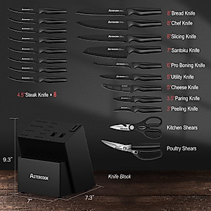 Knife Set, Astercook 21 Pieces Knife Sets for Kitchen with Block, Dishwasher Safe Kitchen Knife Set with Built-in Sharpener, German Stainless Steel Black Knife Block Set