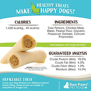 Raw Paws Filled Cow Femurs for Dogs - Peanut Butter Flavor, 5-6", 4-ct - Peanut Butter Filled Bones for Dogs - Filled Dog Bones for Large Dogs - Stuffed Dog Bones - Stuffed Bones for Dogs
